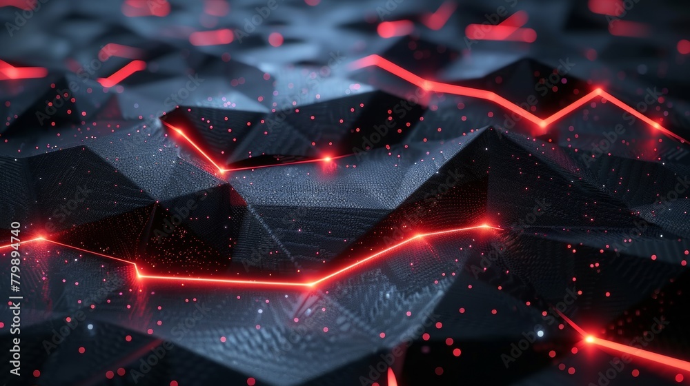 An abstract black and red polygon with red glow lines on a dark steel ...