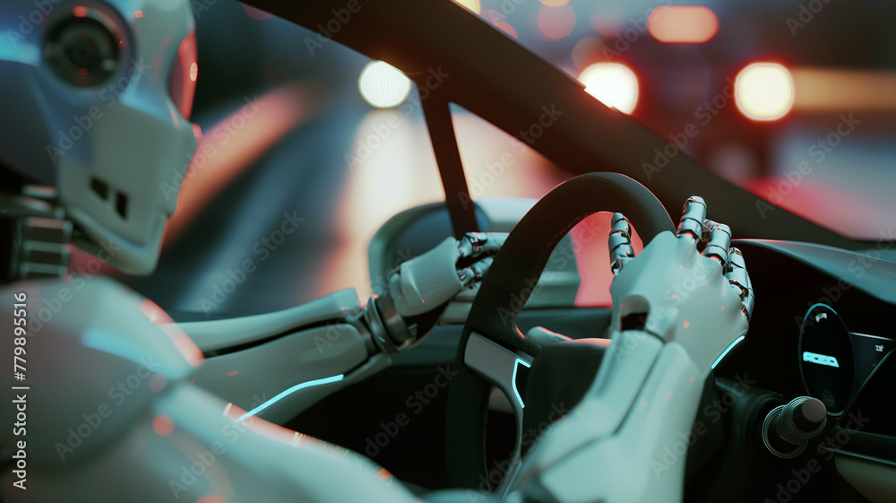 View from side of the robot driving car on a busy road. Concept of a ...