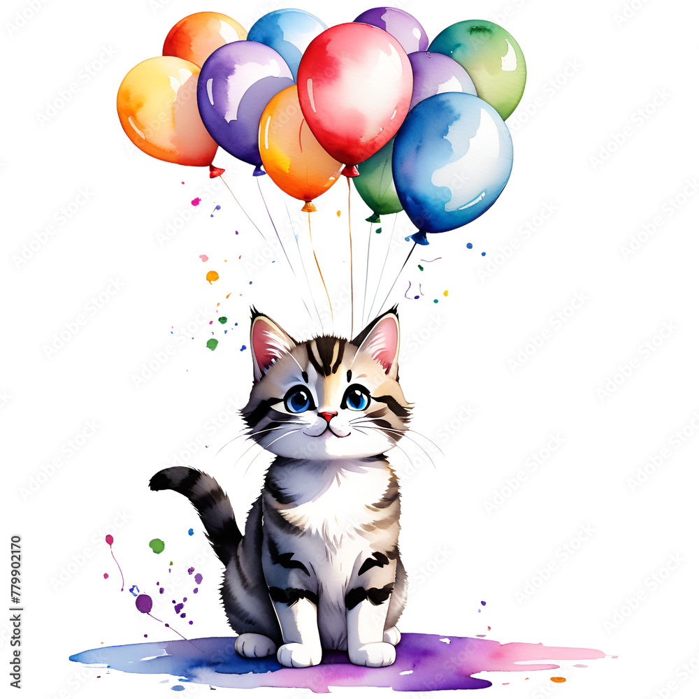 Watercolor Cat Birthday Clipart Graphics Bundle, Cute Kitten Cat ...