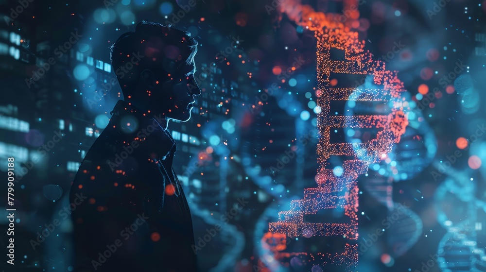 A man is standing in front of a DNA strand. The image is a ...