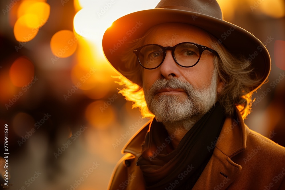 Homeless, Mature male with elegant mustache, stylish hat and glasses ...