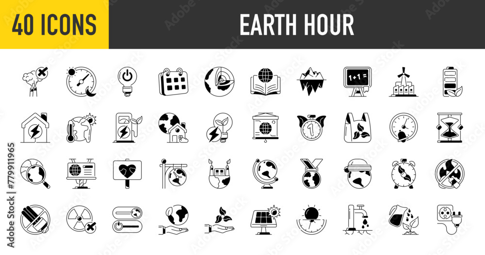Earth hour icons set. Suh as climate change, ecology, green energy ...