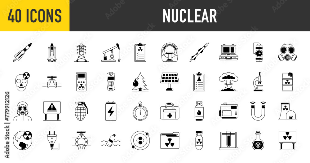 Nuclear and energy icon set. Such as tower, gas mask, suitcase ...