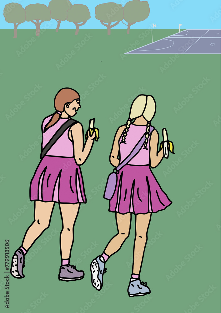 Two girls in pink sport uniforms walking across green grass to netball ...