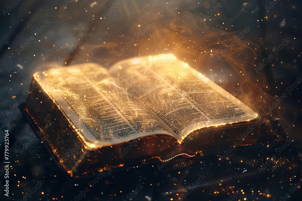 Glowing Bible with floating particles, God's holy word and divine light ...