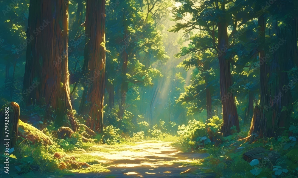 A sunlit forest path with tall trees and rays of sunlight piercing ...