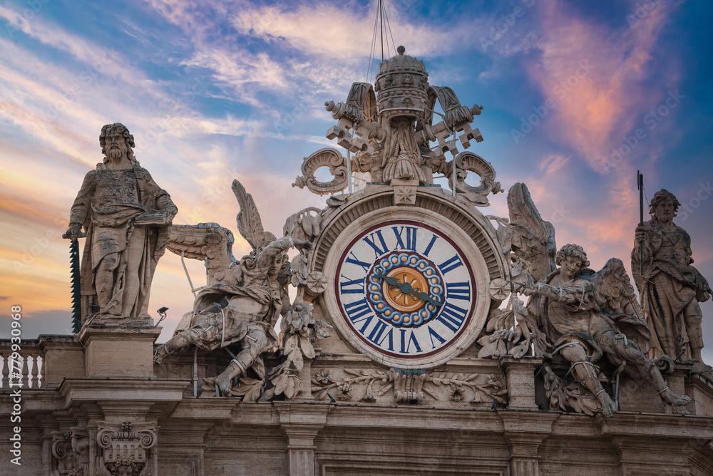 Stunning clock and sculptures with Roman numerals, blue and gold color ...