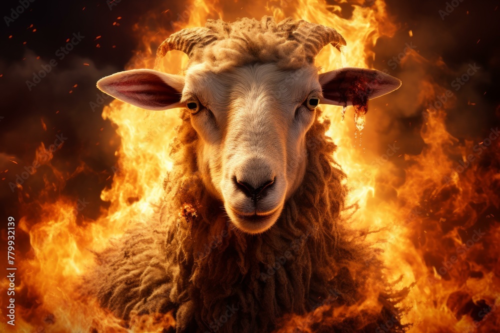 Eerie Nightmare sheep with fire flames. Horrified scary lucifer animal ...