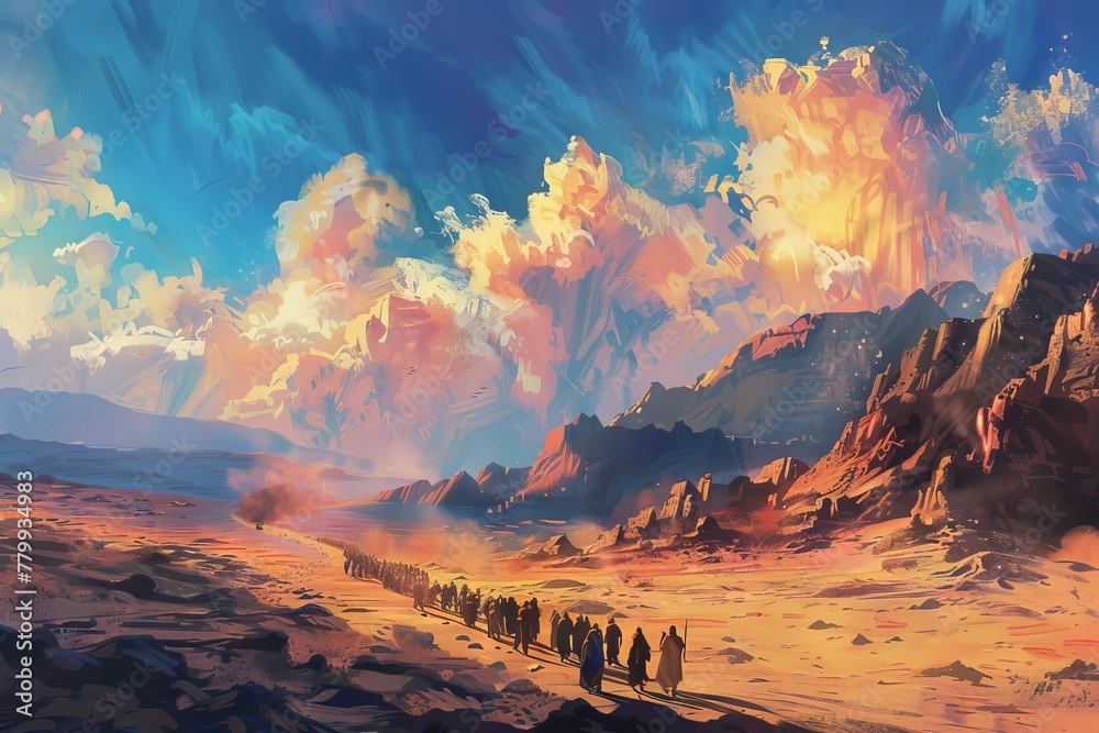 Moses leading Israelites through desert wilderness, following pillar of ...