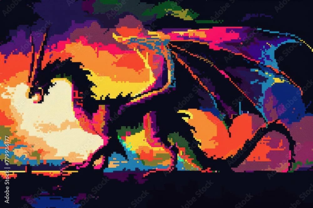 Pixel art illustration of a majestic dragon silhouette on a black canvas background, created ...