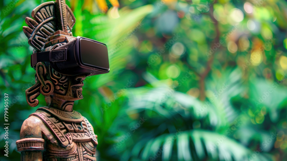 A Mayan deity statue wearing VR glasses in a jungle setting, fitting ...