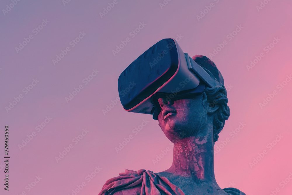 Neolithic statue with VR glasses against a pink backdrop, perfect for ...