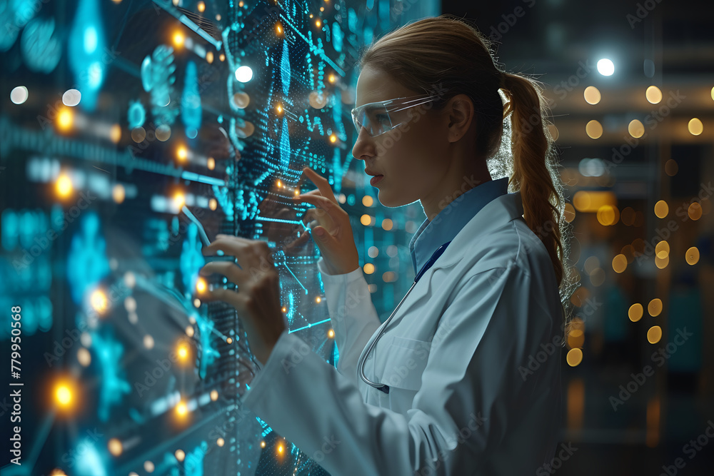 Scientist with a tablet analyzing a DNA sequence in a futuristic ...