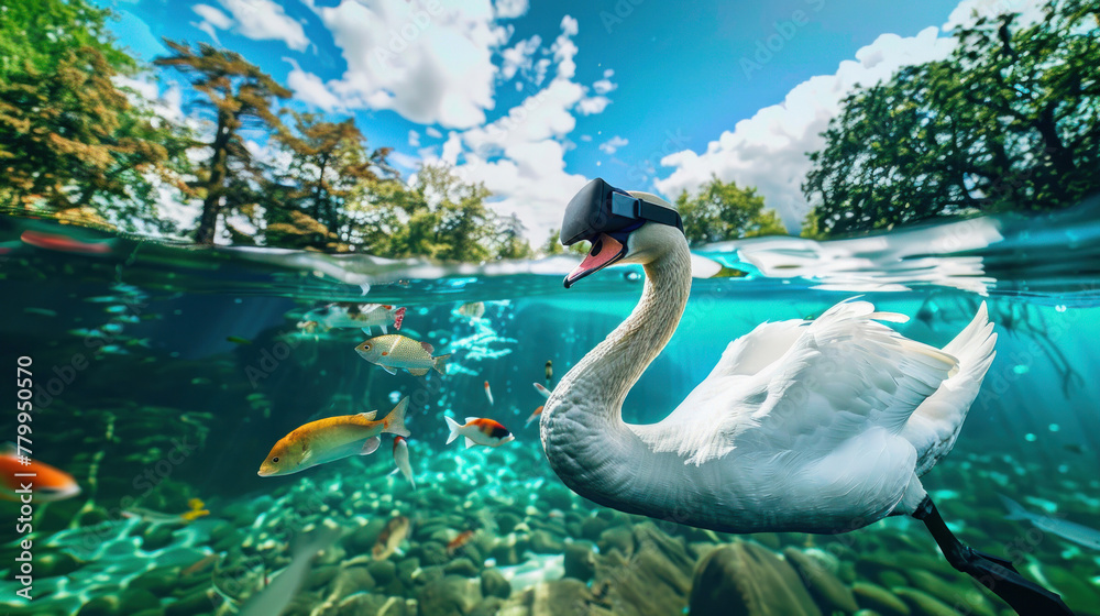 A swan wearing a VR headset floats above and below water among fish ...