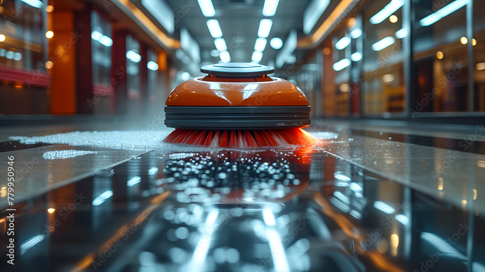 Automated cleaning machine polishing the floor in a modern hallway ...