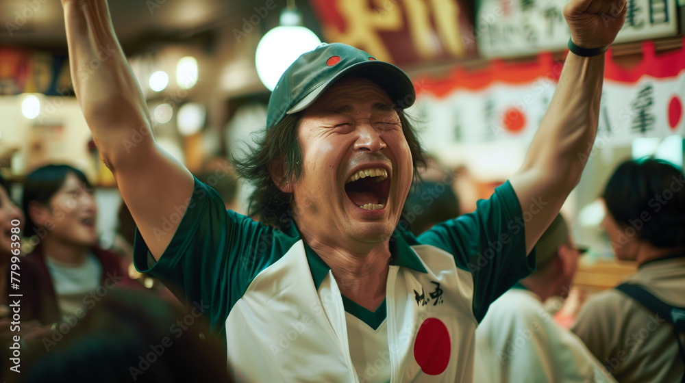 Japanese soccer fan celebrating raising his arms and cheering in a ...