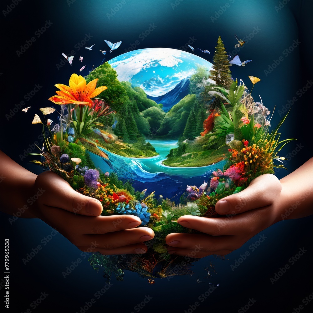 Earth cradled in a pair of human hands, surrounded by a range of ...