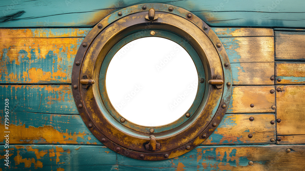 Vintage Aged Brass Ship Porthole Mounted on a Wooden Hull with a ...