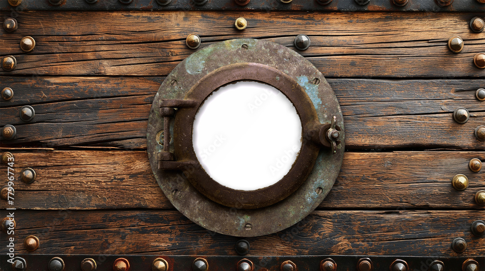 Vintage Aged Brass Ship Porthole Mounted on a Wooden Hull with a ...
