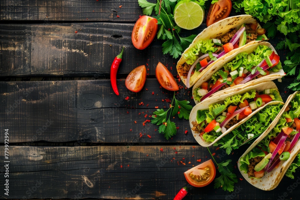 Authentic Mexican Tacos on Rustic Wooden Platter. Corn tortilla tacos ...
