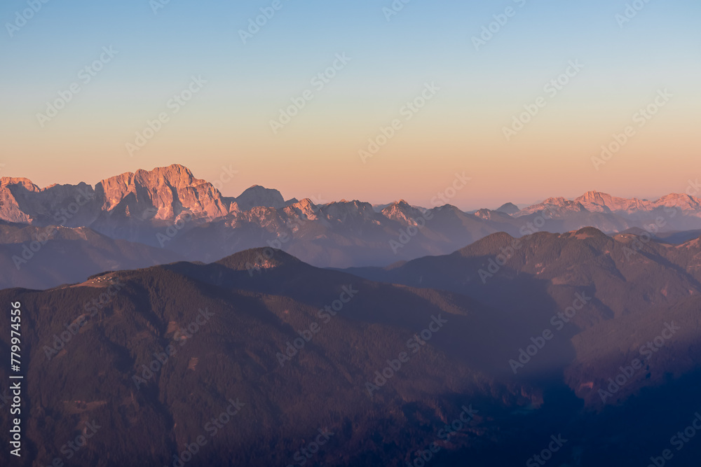 Panoramic sunrise view from summit Dobratsch on Julian Alps and ...