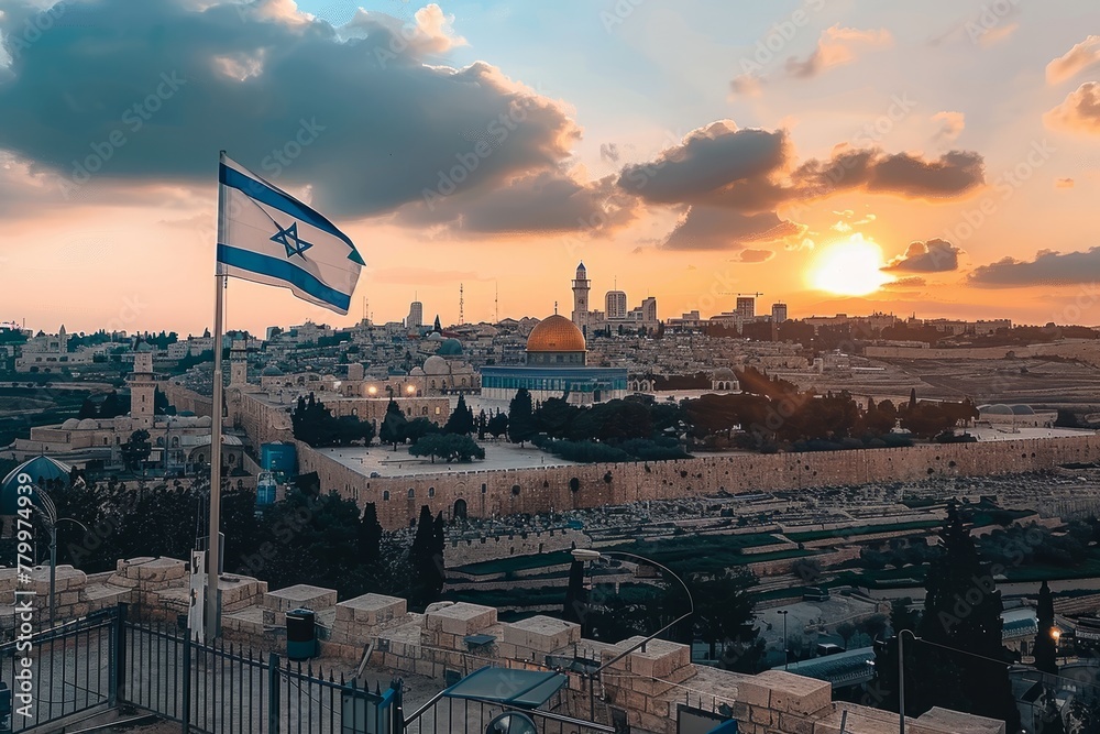 Israeli Flag Overlooking Jerusalem Cityscape. The Israeli flag proudly ...