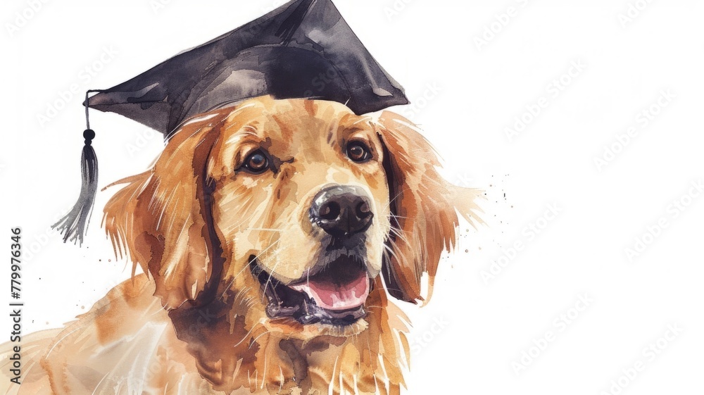 Happy dog with graduation cap on white background - A cheerful golden ...