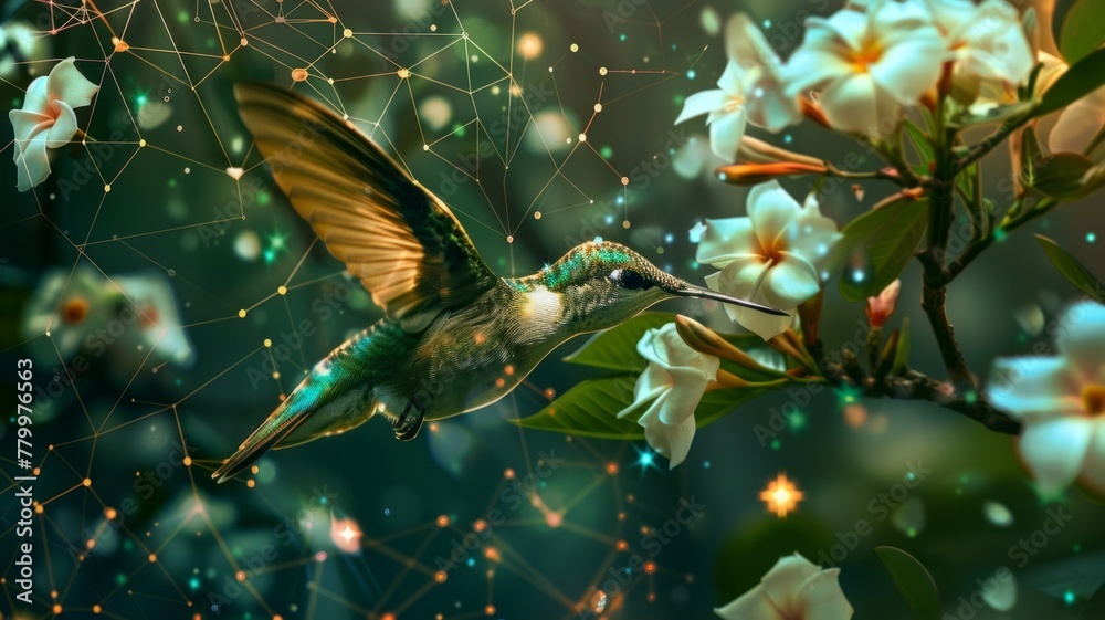 Hummingbird hovering by white flowers with digital overlay - Digital ...