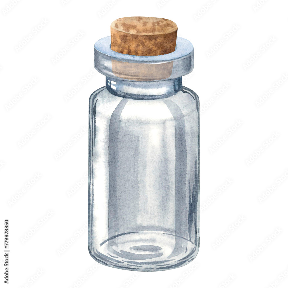 Miniature clear glass message empty bottle with wooden stopper. Hand ...