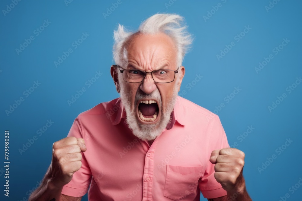 Screaming, hate, rage. Crying emotional angry senior man with glasses ...