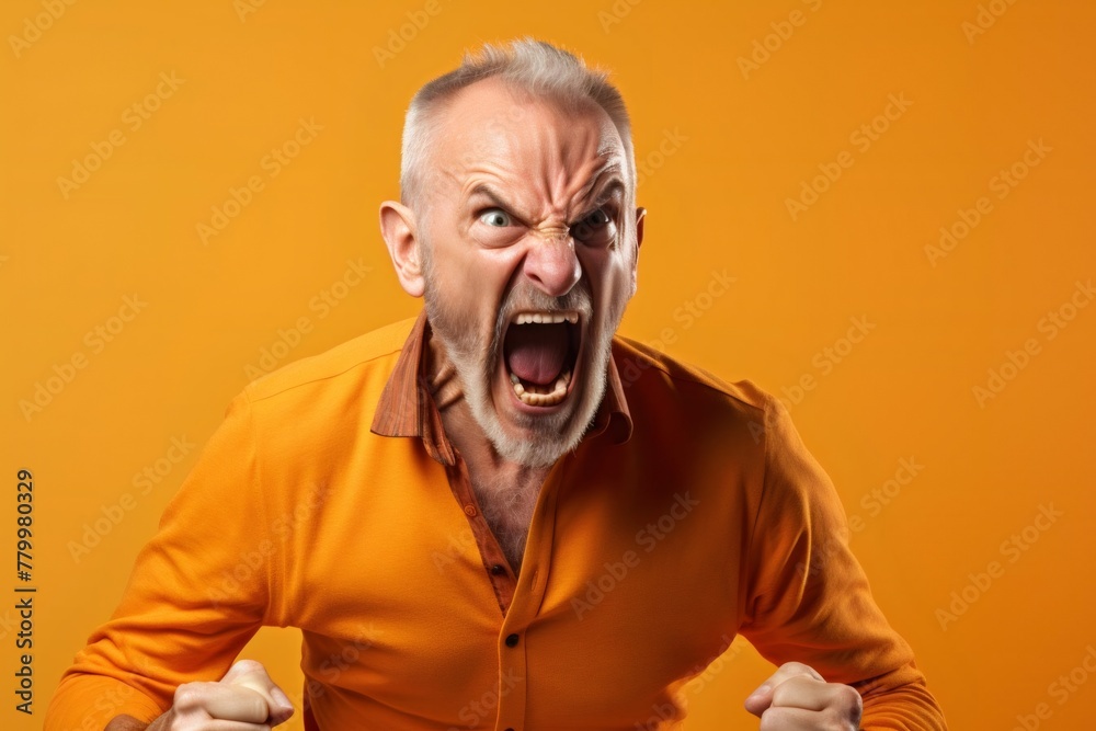 Screaming, hate, rage. Crying emotional angry senior man with open ...