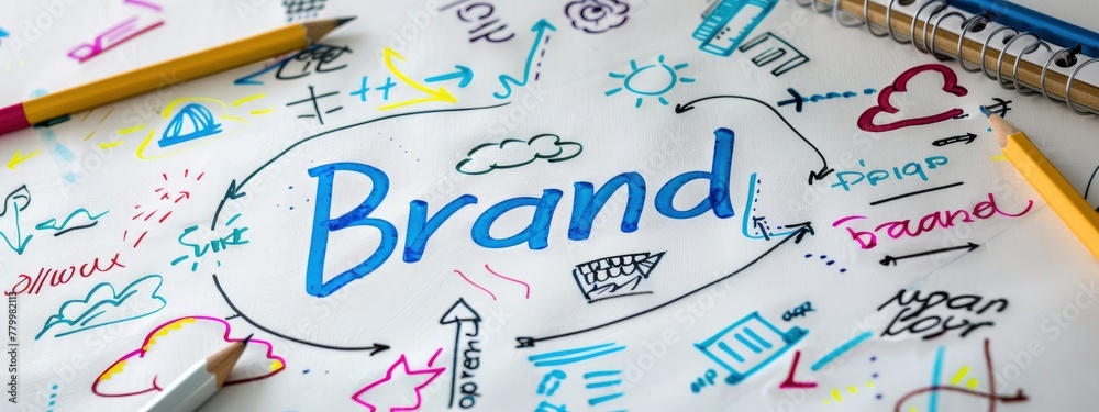 drawing brand concept with word map on whiteboard, a business plan or ...