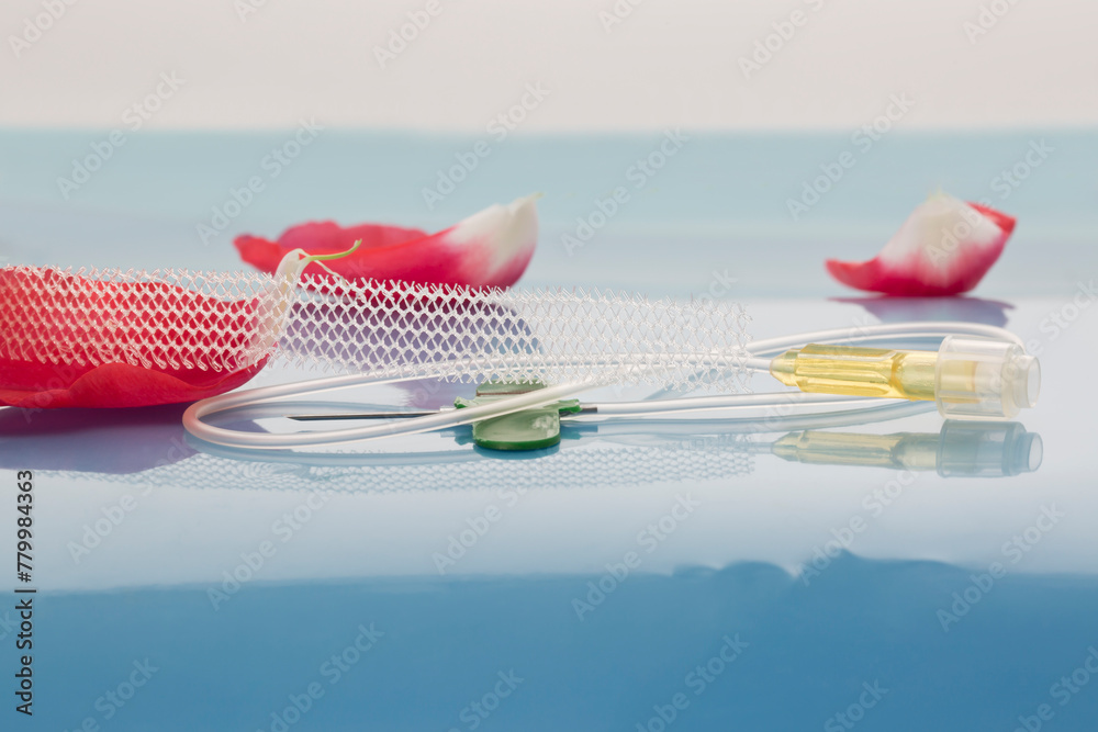 Concept of TVT operation. Piece of tension-free vaginal tape and ...