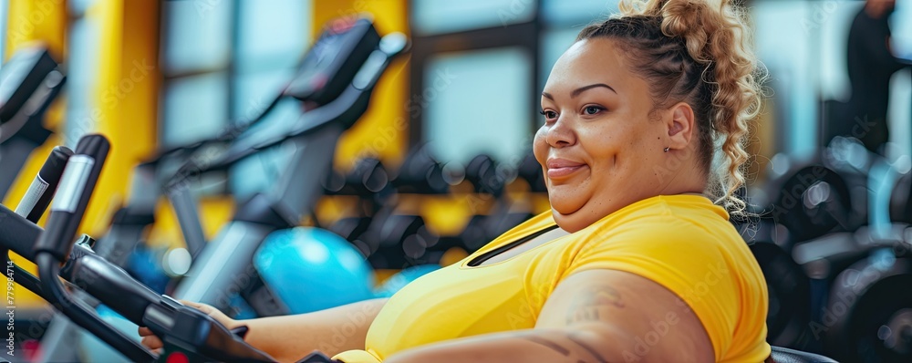 Overweight woman in a pink top trains on a treadmill in a well-equipped ...