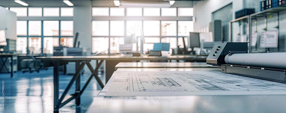 Interior of an architect's office with detailed blueprint on plotter ...