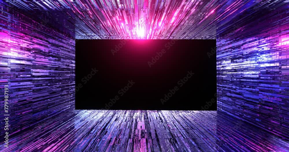 Neon cyber hall frame with lighting and glare. Laser purple 3d render ...