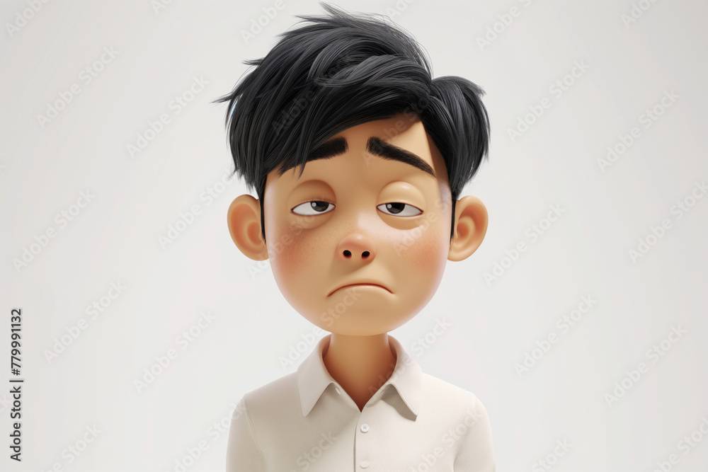 Sad bored upset Asian cartoon character young man male boy person ...