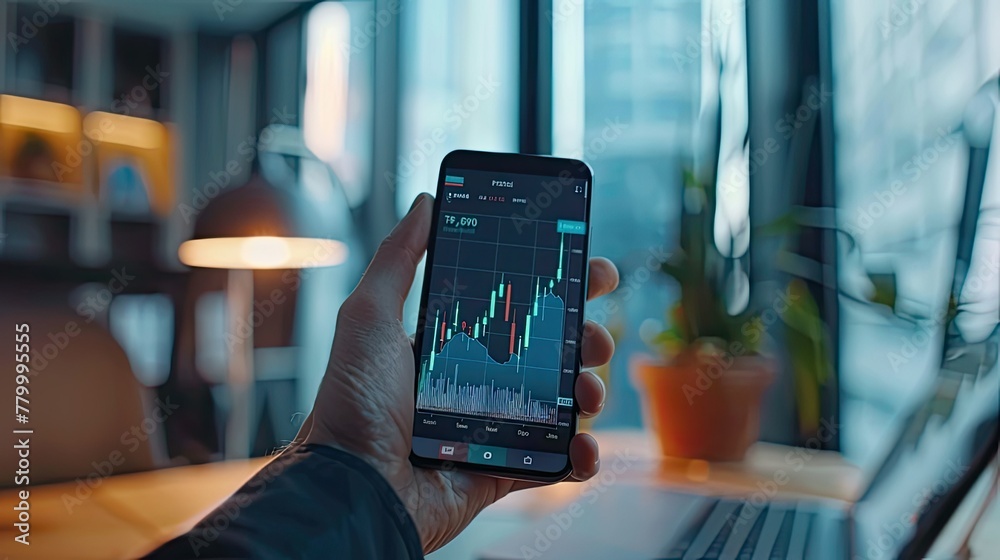 Hand holding smartphone with financial stock market app on screen ...