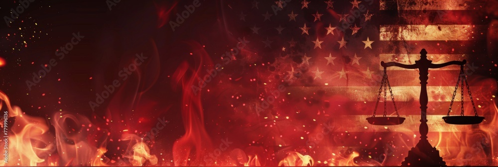 Scales of justice overlaid on fiery American flag - This image melds ...