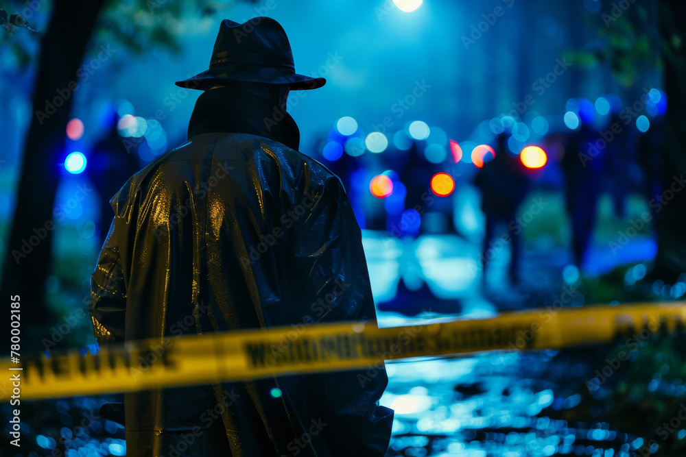Detective in a noir hat and black cloak at a crime scene against a ...