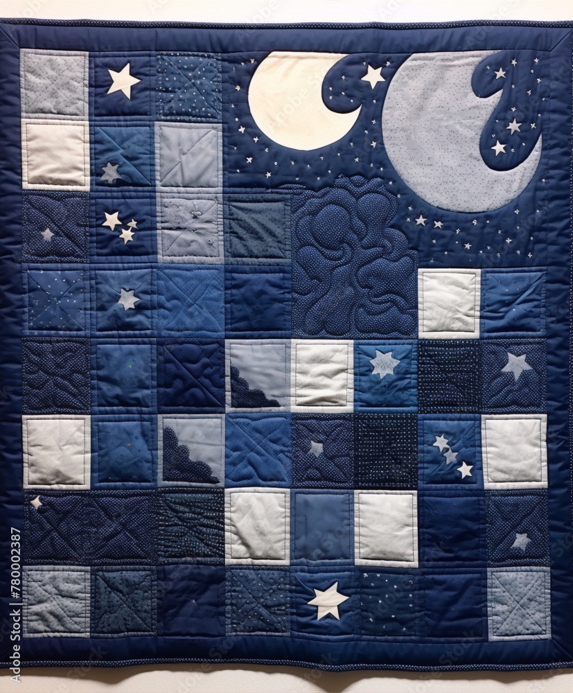Blue and white cotton fabric patchwork baby quilt with a crescent moon and stars,clouds and ...