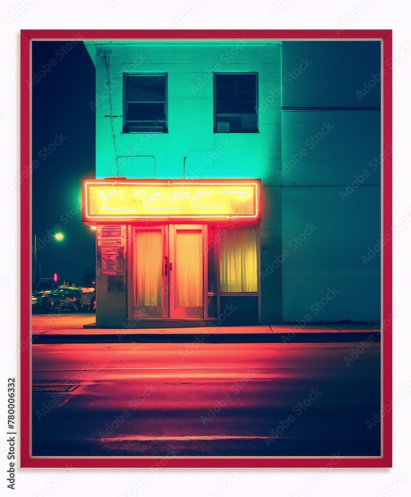 Cityscape with a vintage motel at night in the rain, blue and red neon ...