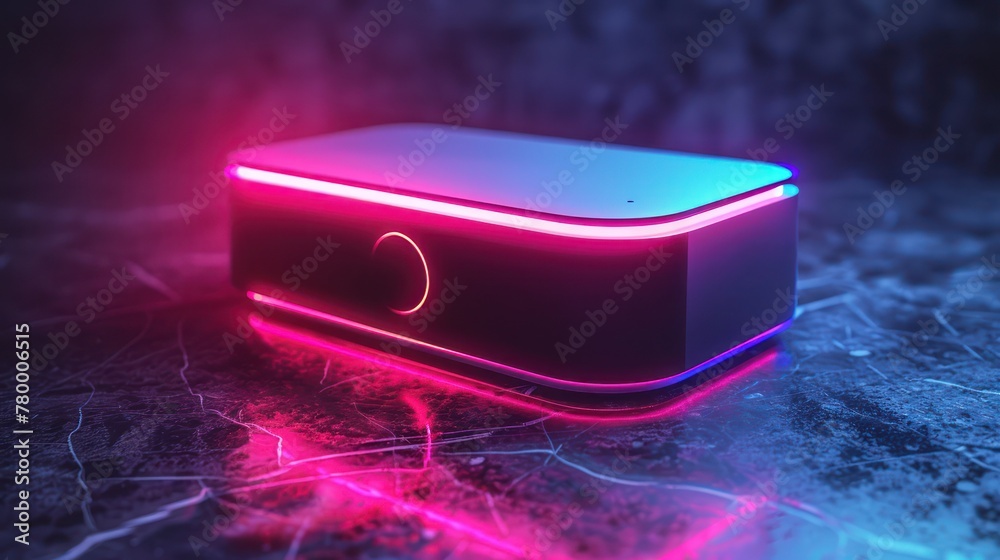 Capture a 3D render of a holographic gaming console, softly lit with ...