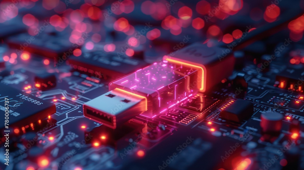 Capture A Close Up Of A Usb Drive Being Plugged Into A Computer Port Surrounded By Soft Neon