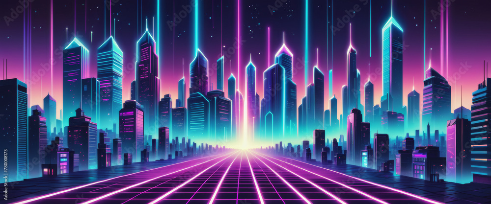 Retro futuristic cyberpunk cityscape, synthwave city background with ...