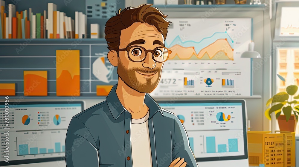 Cartoon of a man with analytics on screens, growth chart behind, soft ...
