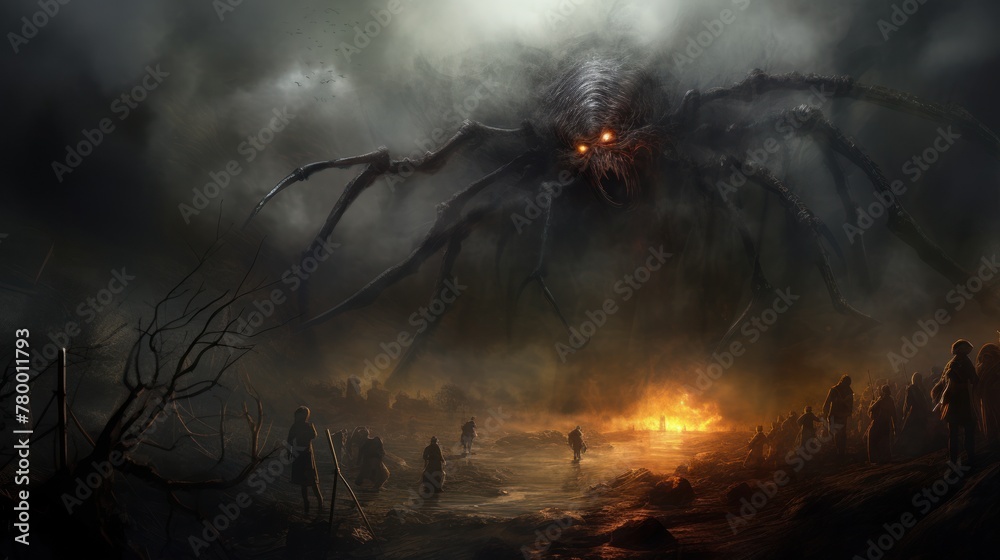 A giant monster with glowing eyes stands over a group of people. The ...