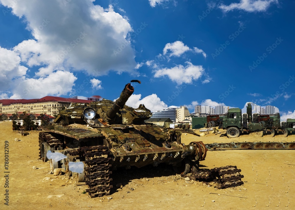 Damaged tanks, armored vehicles and equipment on the battlefield ...