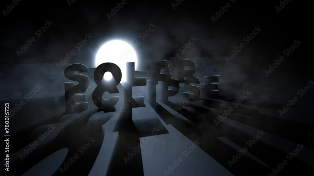 Solar Eclipse volumetric sign stands on a dark surface in smoke and is ...