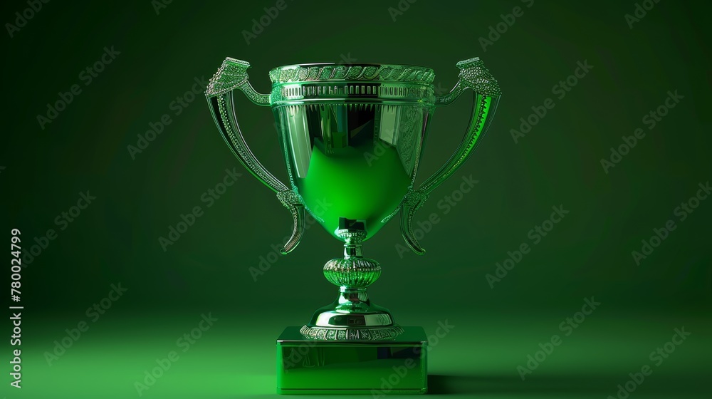 Reflective golden trophy cup on a green background with dramatic ...